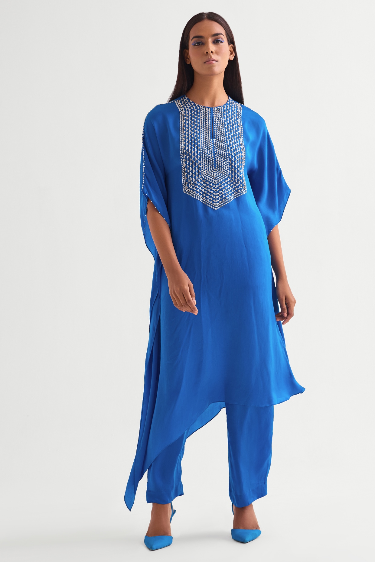 German Blue Satin Asymmetrical Kaftan Set by Namrata Joshipura at ...