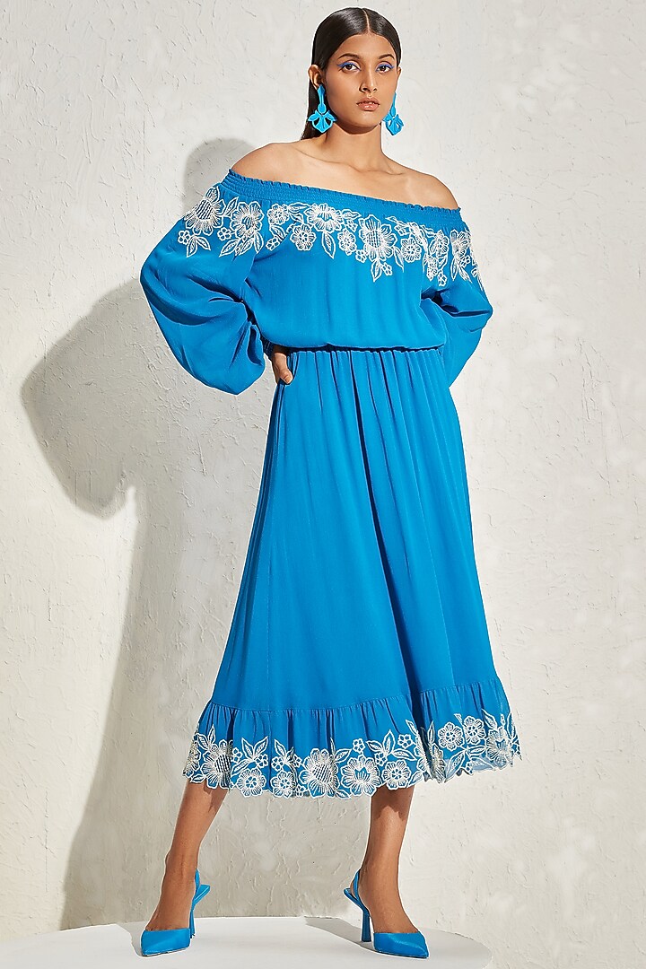 Prussian Blue Georgette Embellished Gathered Dress by Namrata Joshipura ...