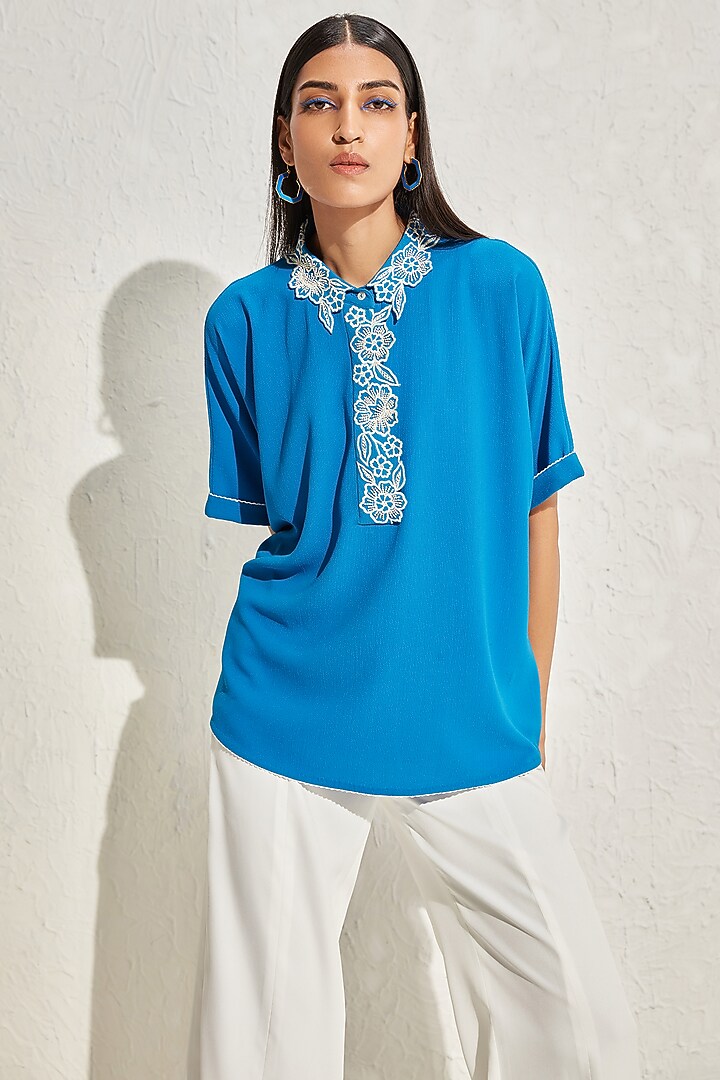 Prussian Blue Moss Crepe Embellished Boxy Top by Namrata Joshipura at ...