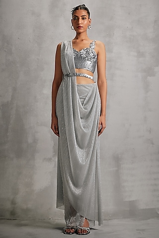 Sterling Silver Shimmer Crepe Floral Embellished Concept Saree Set by Namrata Joshipura at ...