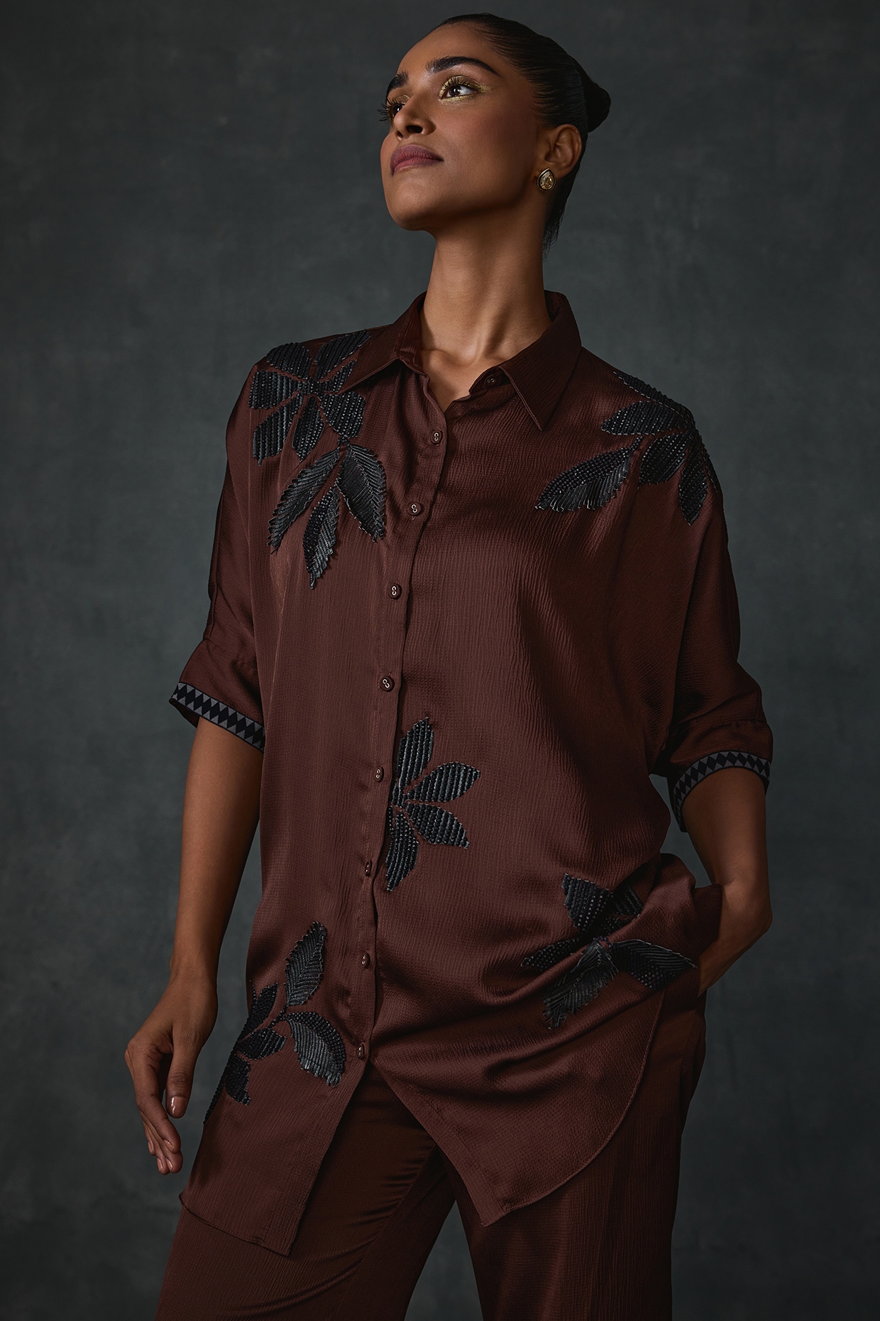 Java-Colored Satin Floral Embellished Shirt Tunic by Namrata Joshipura ...