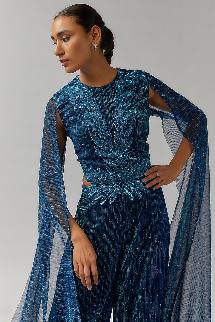 Midnight Blue Shimmer Crepe Floral Hand Embellished Jumpsuit by Namrata ...