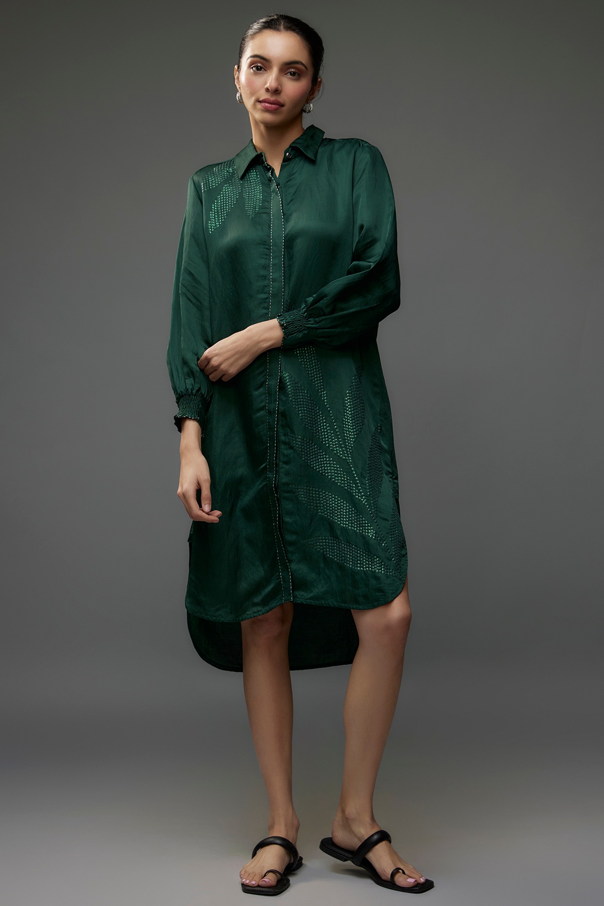 Hunter Green Linen Satin Embroidered Tunic by Namrata Joshipura at ...