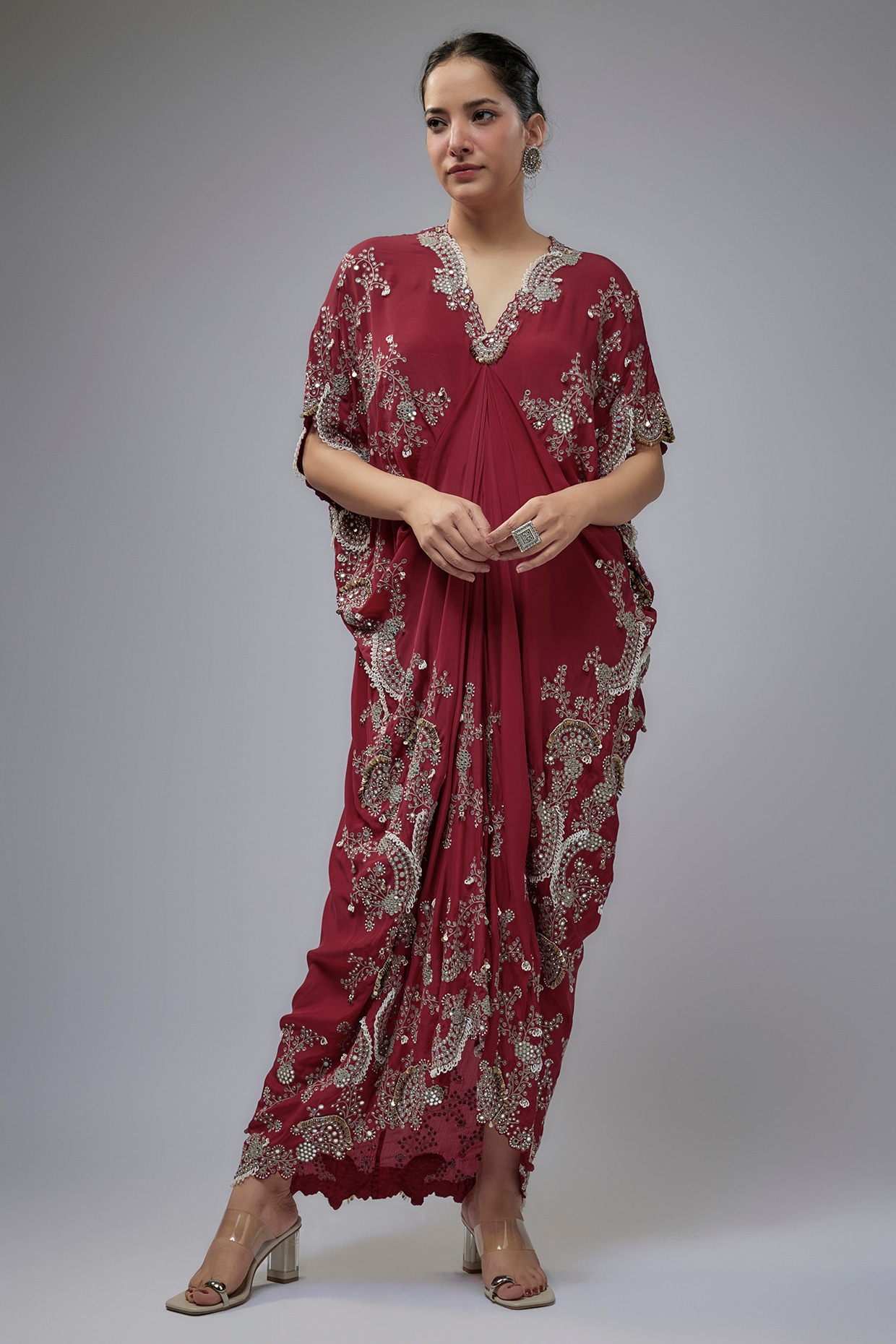 Burgundy Silk Mirror Embroidered Kaftan Maxi Dress by Nupur Kanoi at ...