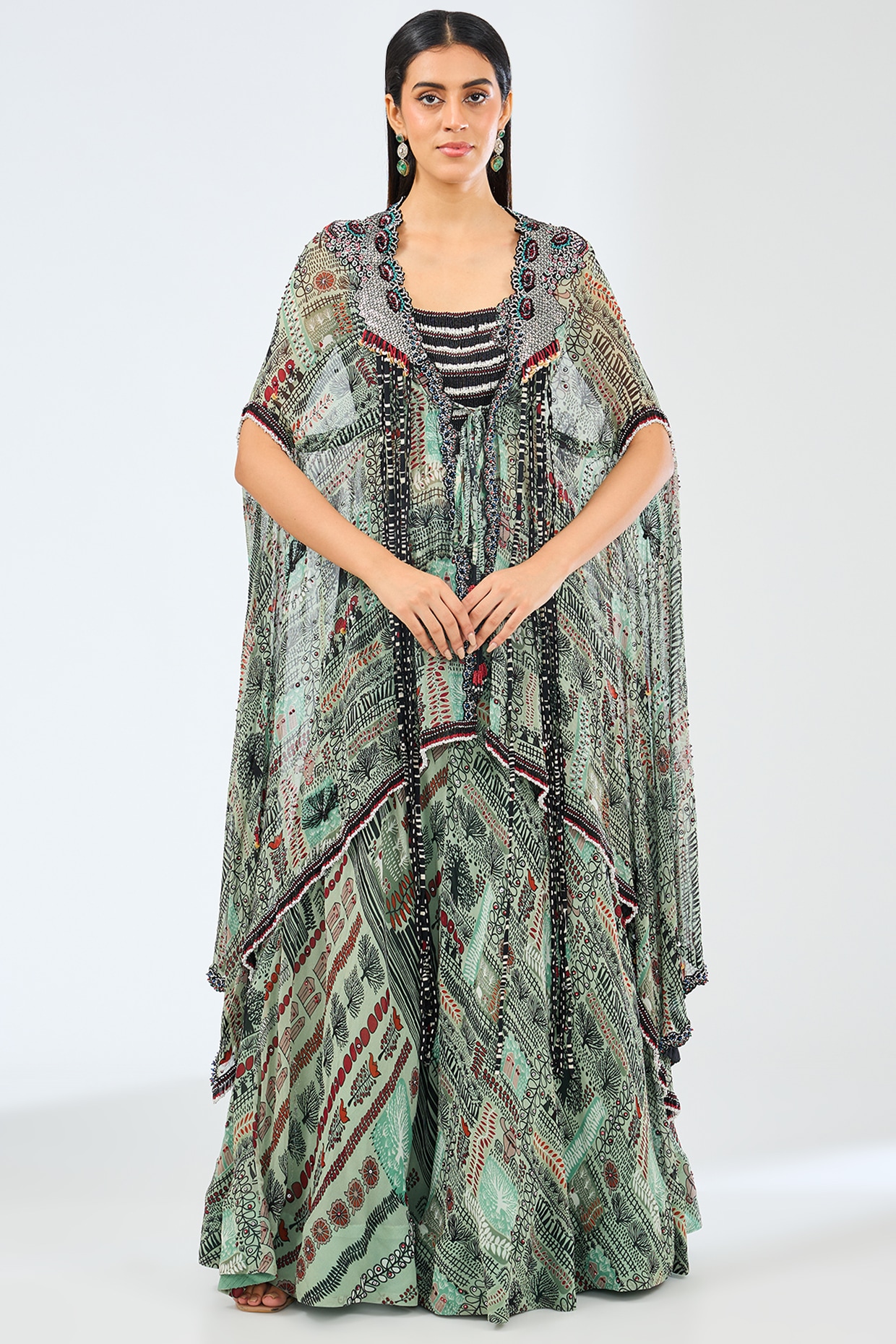 Mint Georgette & Satin Digital Printed Jacket Wedding Lehenga Set by ...