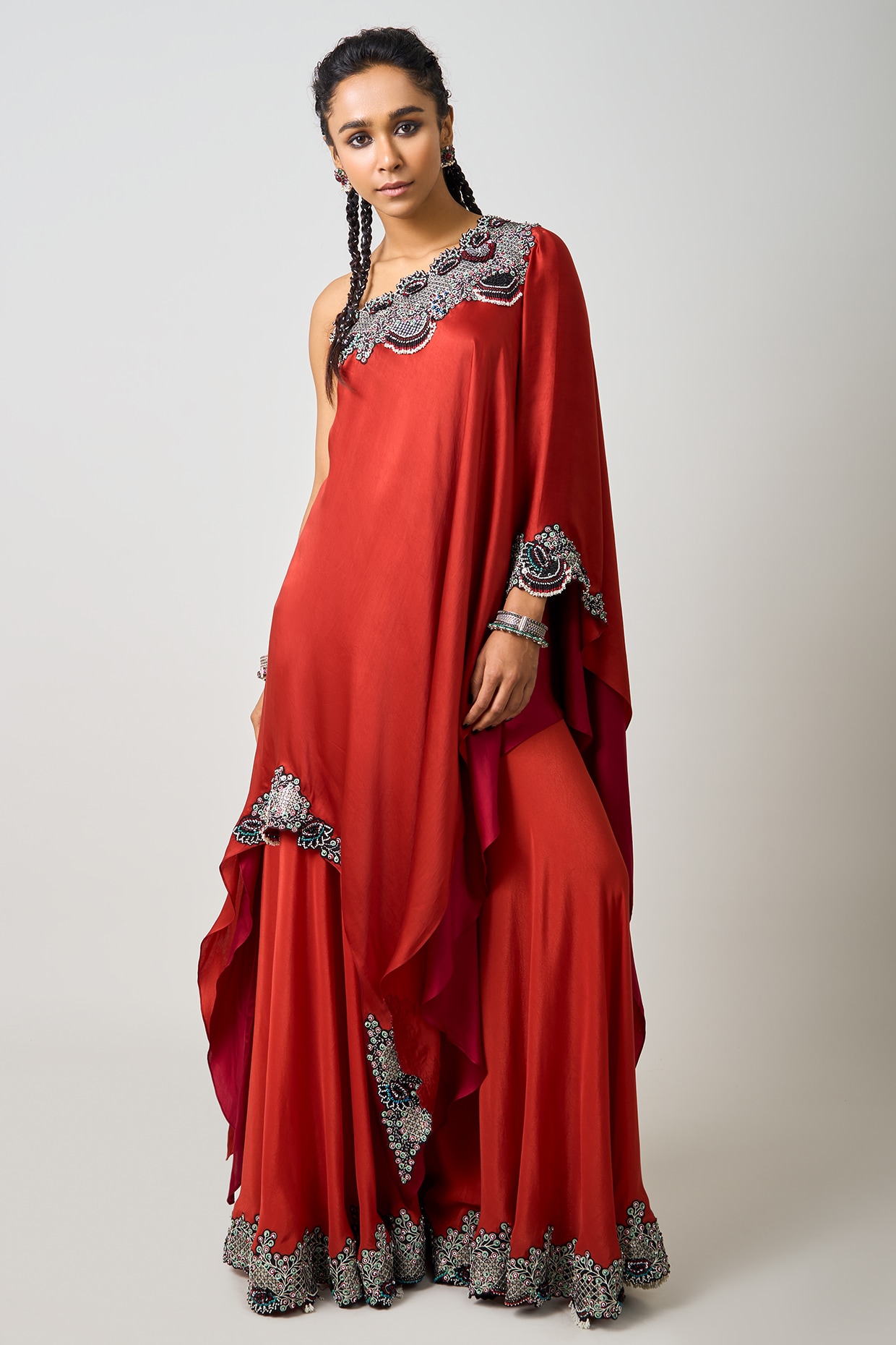 Rust Orange Crepe Hand Embroidered Double-Layered Cape Set by Nupur ...