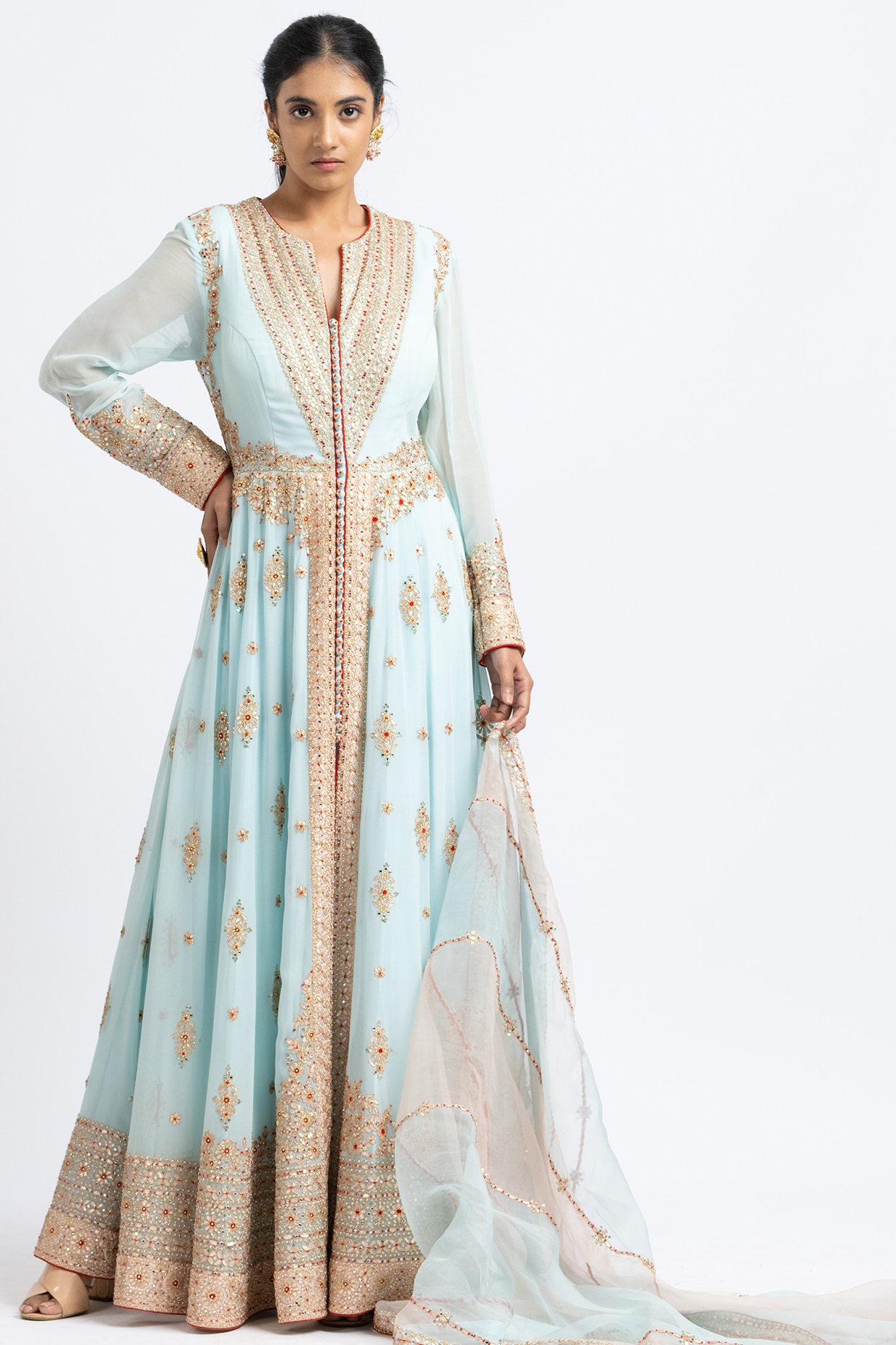 Aqua Georgette Embroidered Kalidar Jacket Set by NITIKA GUJRAL at ...