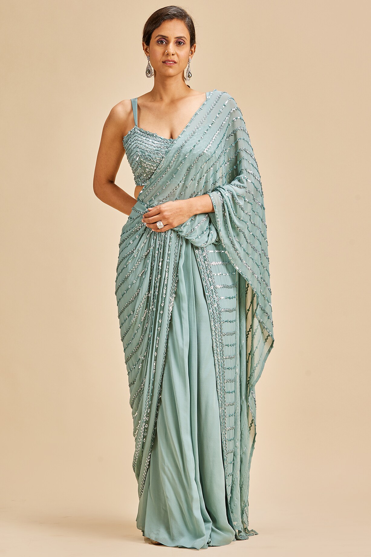 Jade Green Pure Georgette Beads Embroidered Draped Saree Set by NITIKA GUJRAL at Pernia's Pop Up ...