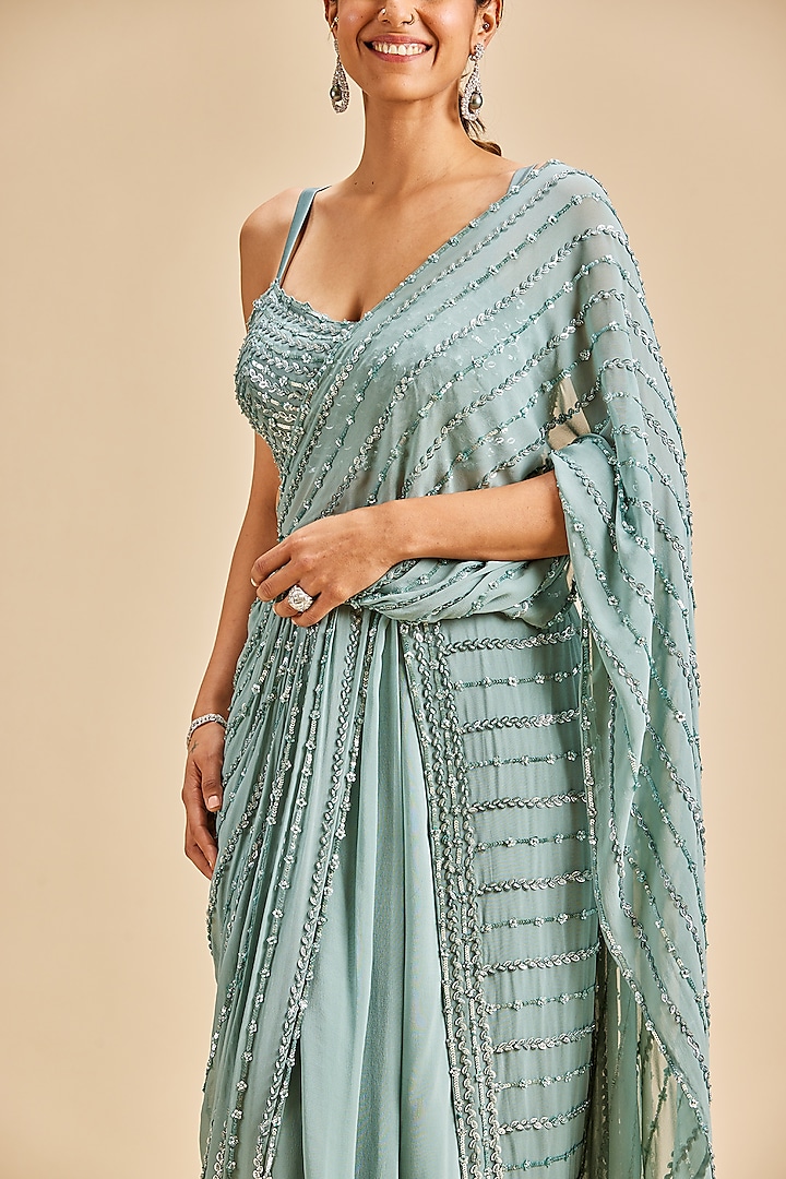 Jade Green Pure Georgette Beads Embroidered Draped Saree Set by NITIKA GUJRAL at Pernia's Pop Up ...