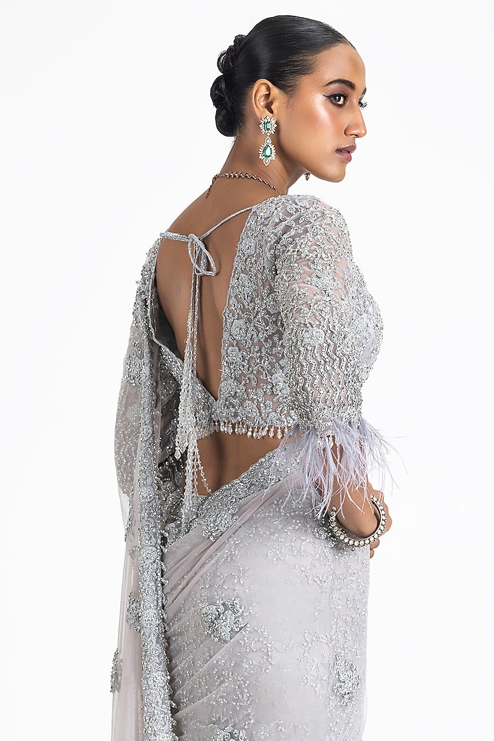 Silver Grey Net Satin Draped Zari Embroidered Fishtail Lehenga Saree ...