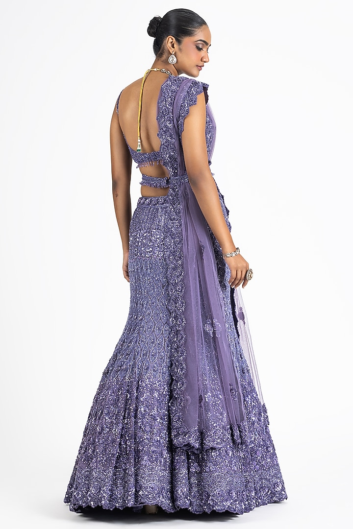 Lilac Net & Satin Sequins Embroidered Fishtail Bridal Lehenga Set by ...