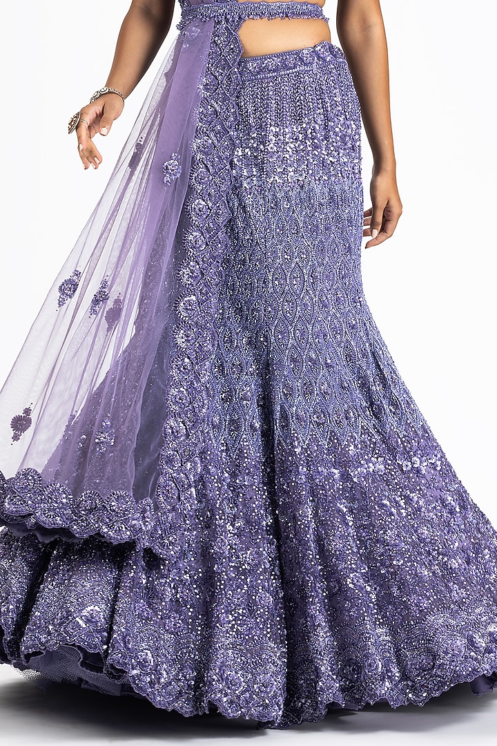 Lilac Net & Satin Sequins Embroidered Fishtail Bridal Lehenga Set by ...