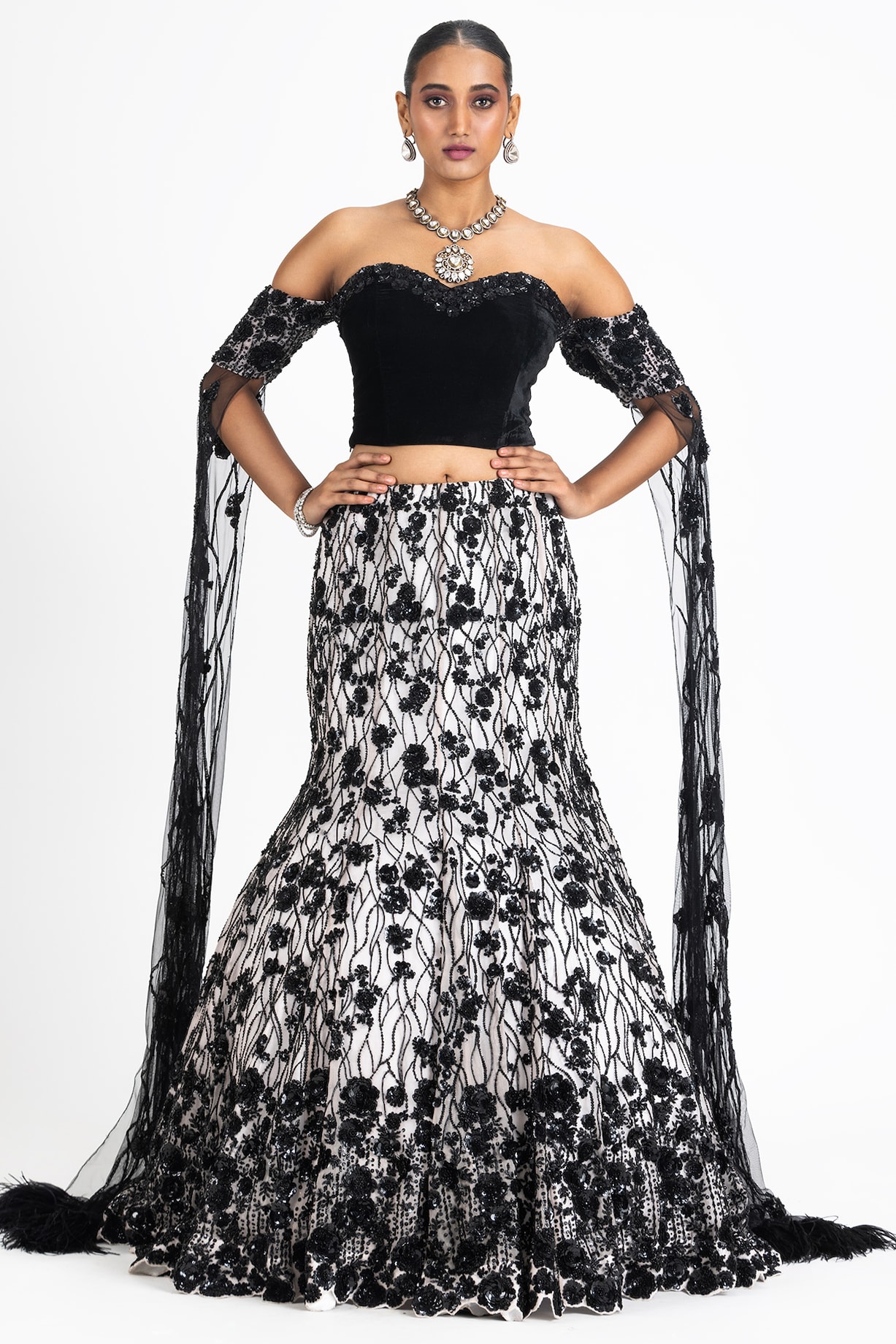 White & Black Net Sequins Embroidered Fishtail Bridal Lehenga Set by ...
