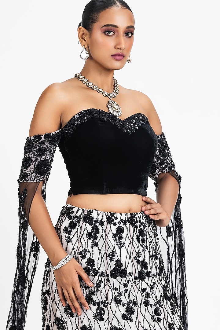 White & Black Net Sequins Embroidered Fishtail Bridal Lehenga Set by ...