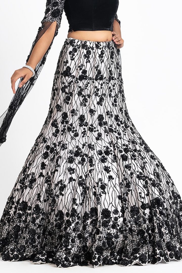 White & Black Net Sequins Embroidered Fishtail Bridal Lehenga Set by ...