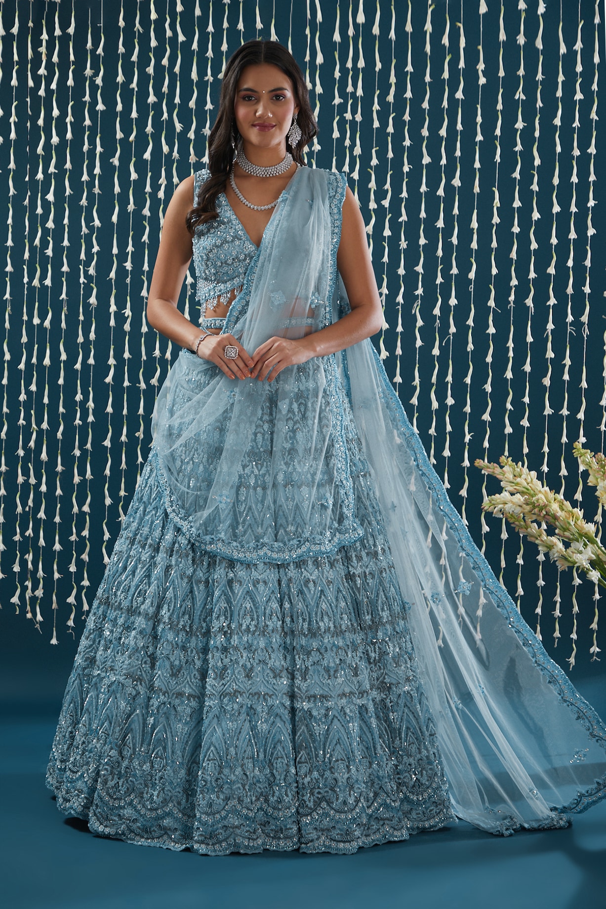 Powder Blue Tulle Sequins Embroidered Bridal Lehenga Set by NITIKA ...