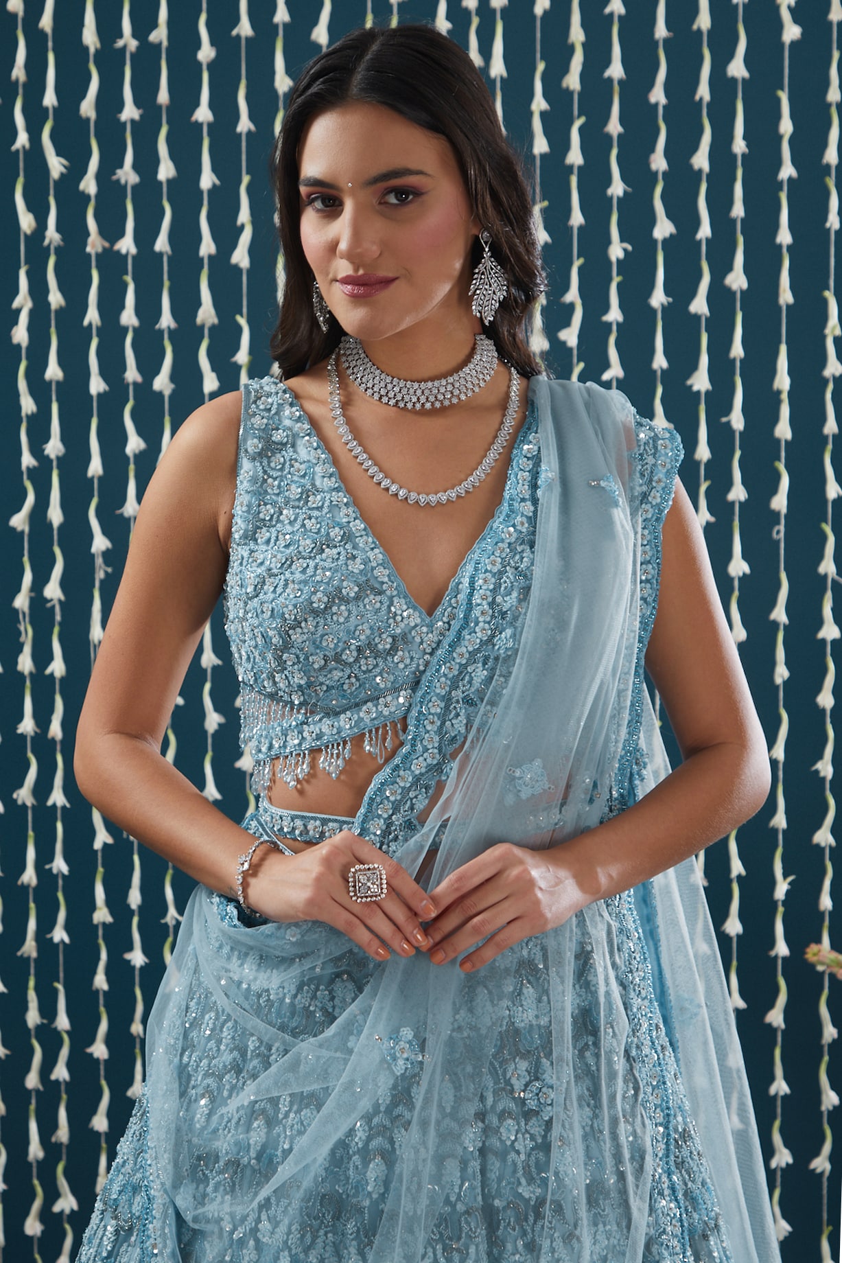 Powder Blue Tulle Sequins Embroidered Bridal Lehenga Set by NITIKA ...