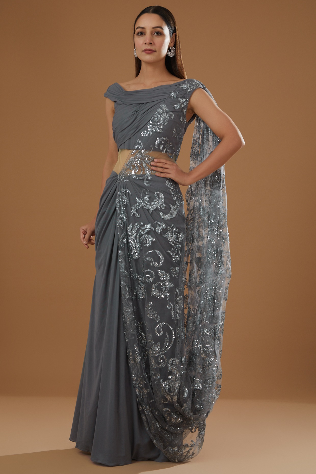 Grey Lycra Draped Gown by NITIKA GUJRAL at Pernia's Pop Up Shop 2025