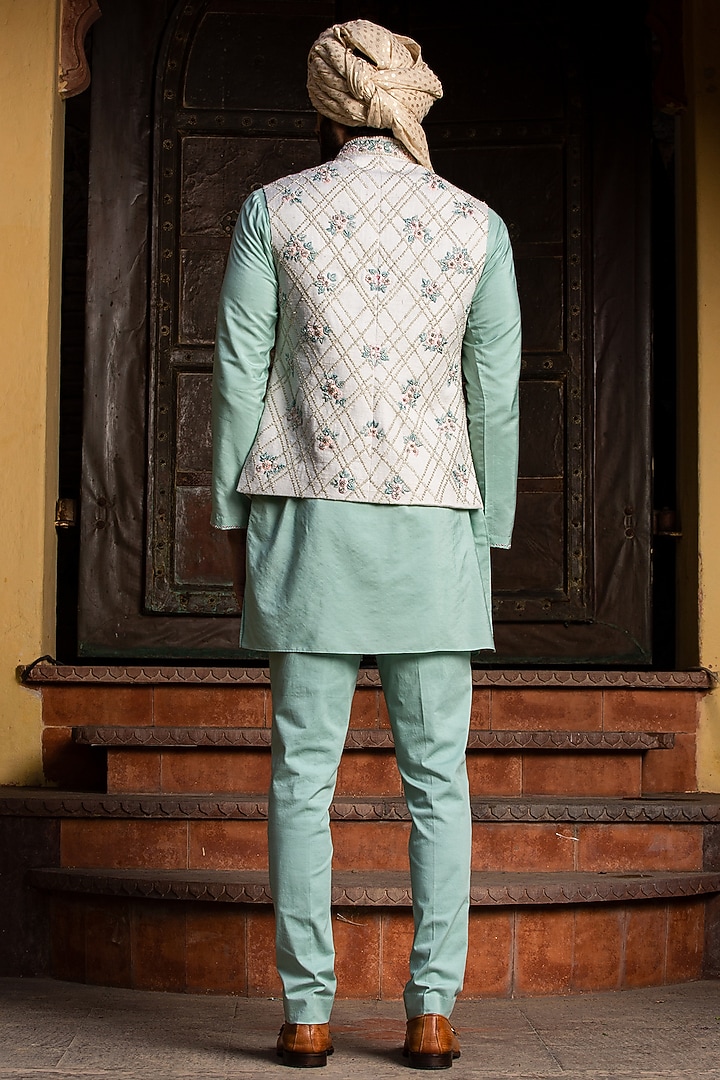 Buy NITIKA GUJRAL MEN Cream Matka Silk Embroidered Jacket With Kurta ...