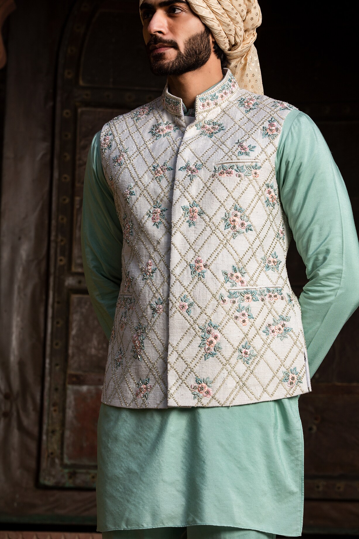 Buy NITIKA GUJRAL MEN Cream Matka Silk Embroidered Jacket With Kurta ...