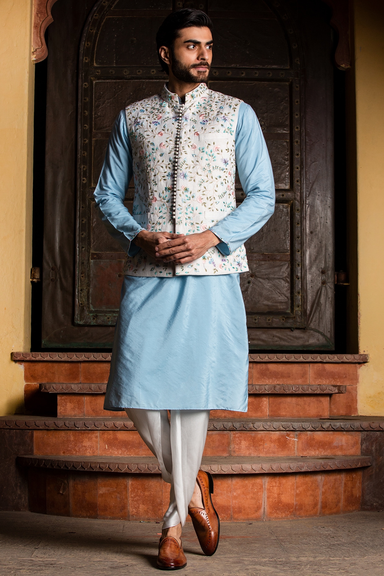 Ivory Matka Silk Dabka Embroidered Bundi Jacket Set by NITIKA GUJRAL ...