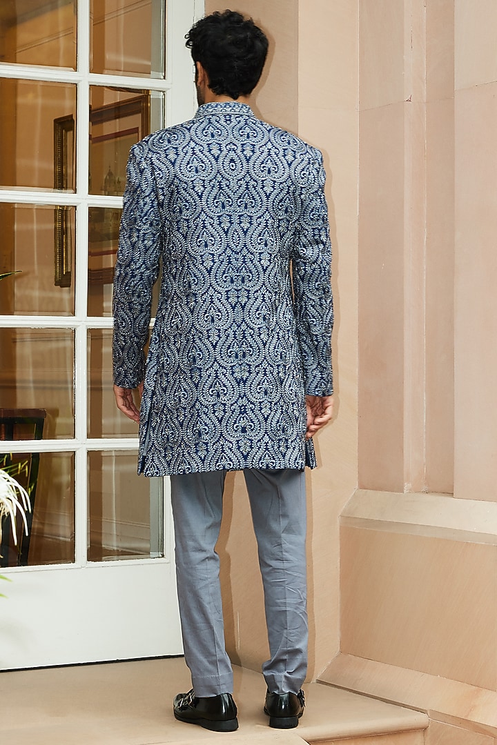 Royal Blue Matka Silk Resham Embroidered Groom Sherwani Set by NITIKA ...