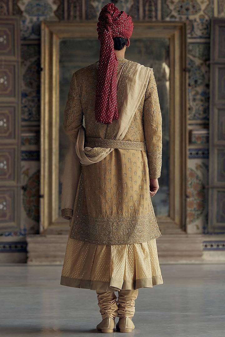 Gold Matka Silk Angrakha Groom Sherwani Set by NITIKA GUJRAL MEN at ...