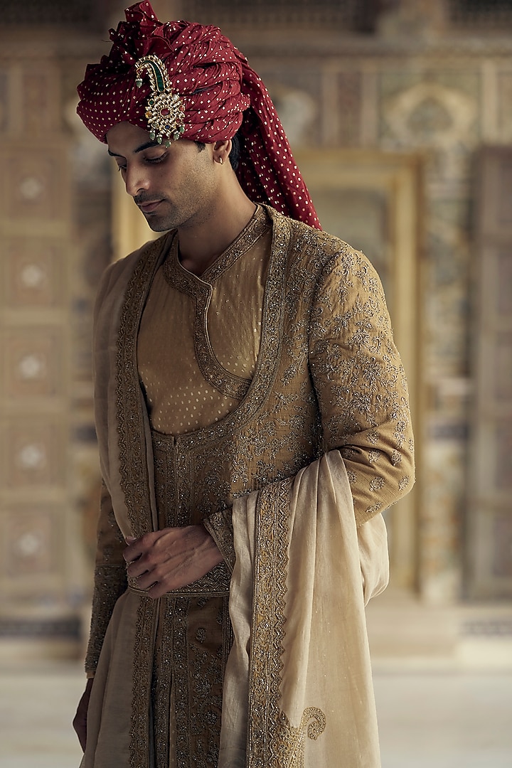 Gold Matka Silk Angrakha Groom Sherwani Set by NITIKA GUJRAL MEN at ...