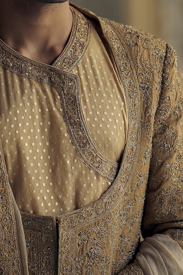 Gold Matka Silk Angrakha Groom Sherwani Set by NITIKA GUJRAL MEN at ...