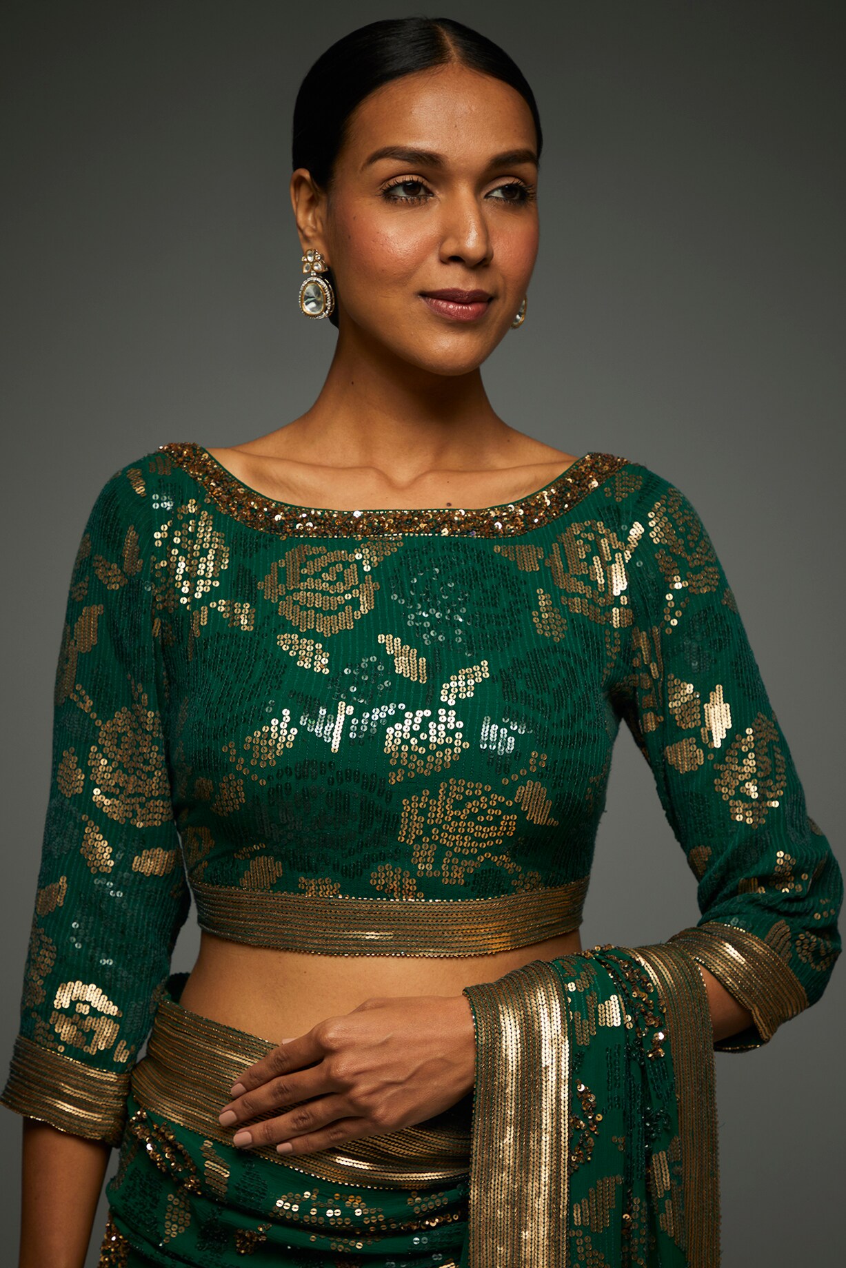 Emerald Green Chiffon Embroidered Saree Set Design by Nakul Sen at ...