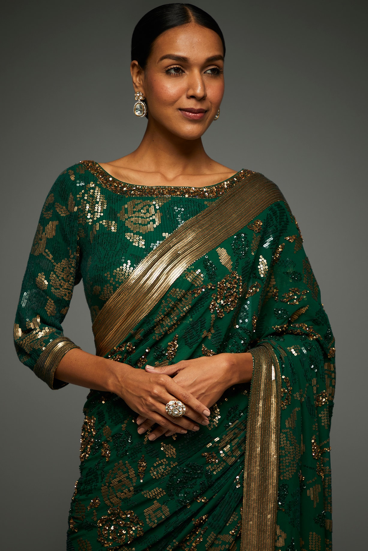 Emerald Green Chiffon Embroidered Saree Set by Nakul Sen at Pernia's ...