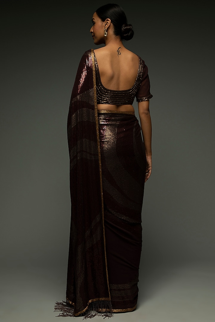 Wine Chiffon Sequins Embroidered Saree Set By Nakul Sen At Pernias Pop