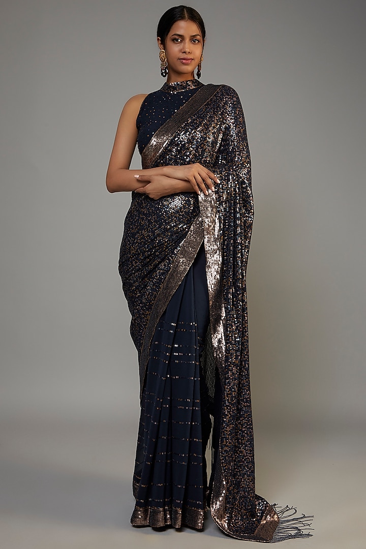 Midnight Blue Chiffon Embroidered Saree Set by Nakul Sen at Pernia's ...