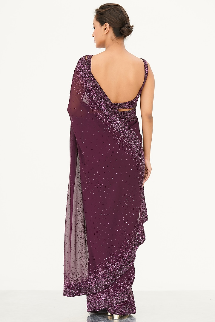 Aubergine Sequins Embroidered Saree Set Design By Nakul Sen At Pernias