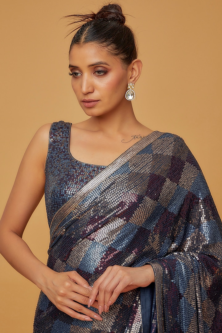 Blue Chiffon Embroidered Saree Set By Nakul Sen At Pernias Pop Up Shop
