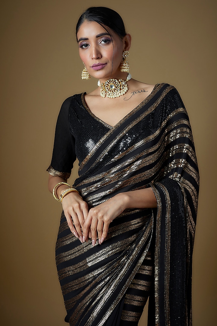 Black Chiffon Striped Sequins Embroidered Saree Set By Nakul Sen At
