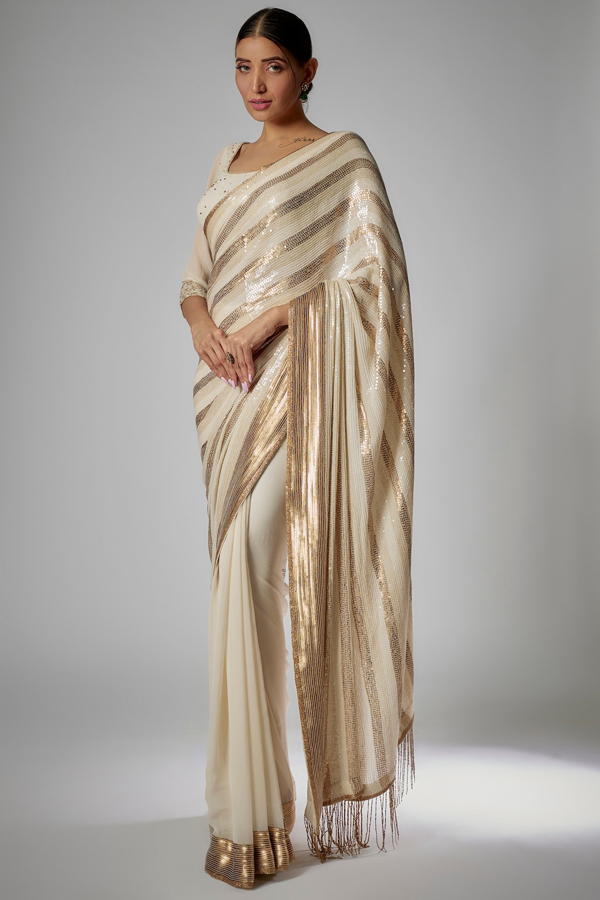 Ivory Chiffon Sequins Embroidered Saree Set by Nakul Sen at Pernia's ...