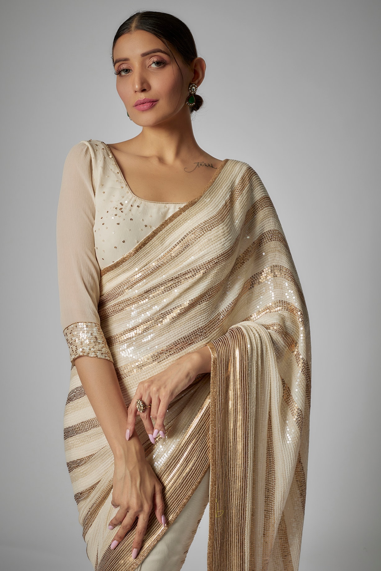 Ivory Chiffon Sequins Embroidered Saree Set by Nakul Sen at Pernia's ...