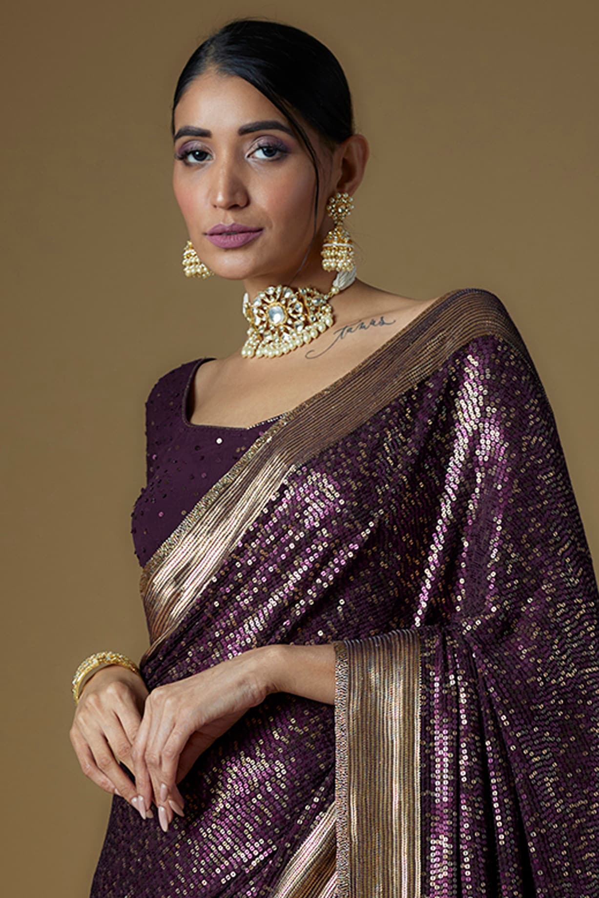 Aubergine Chiffon Embroidered Saree Set by Nakul Sen at Pernia's Pop Up ...