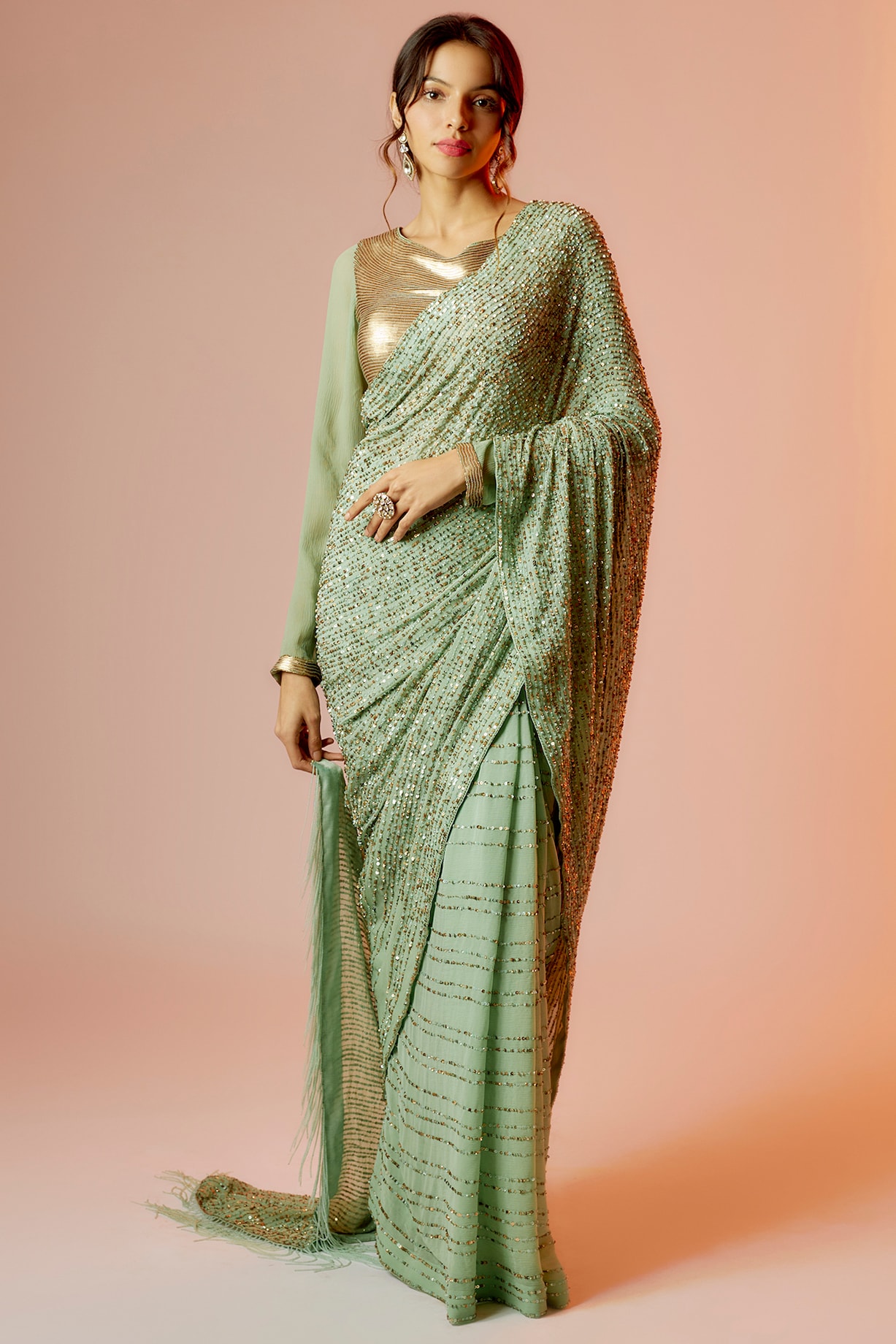 Mint Green Chiffon Embroidered Saree Set Design by Nakul Sen at Pernia ...