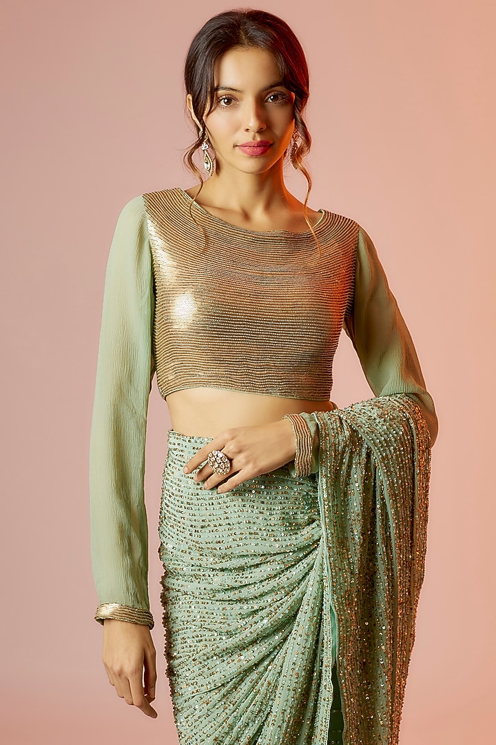 Mint Green Chiffon Embroidered Saree Set Design by Nakul Sen at Pernia ...