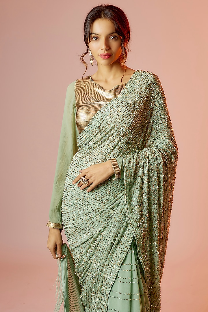 Mint Green Chiffon Embroidered Saree Set Design by Nakul Sen at Pernia ...