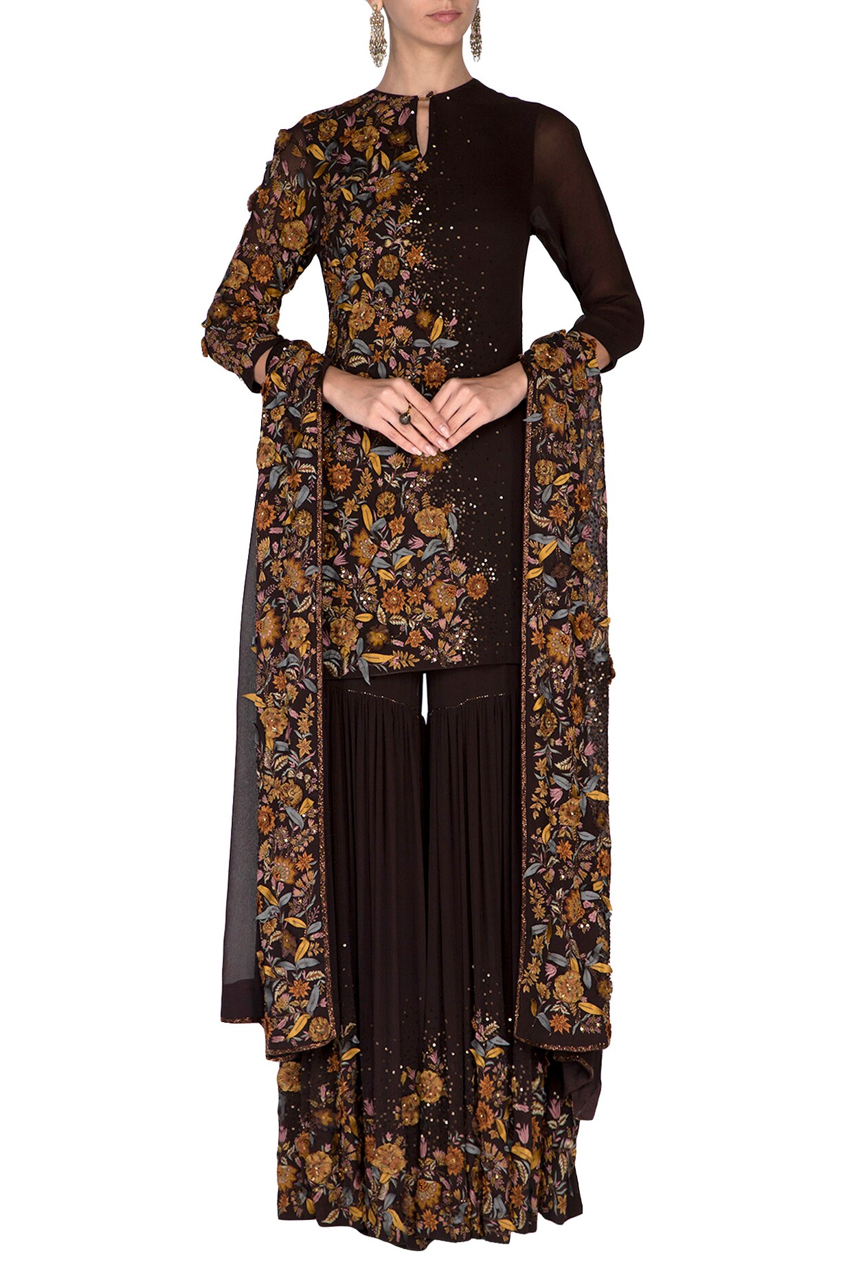 Coffee Brown Embroidered Sharara Set by Nakul Sen at Pernia's Pop Up ...