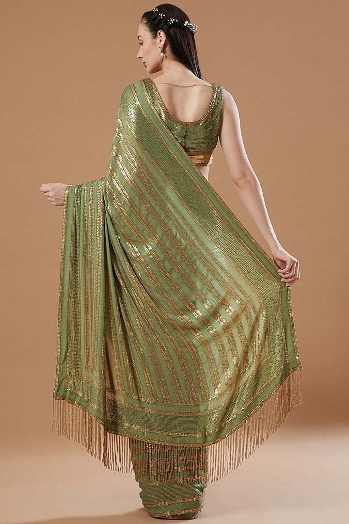 Pista Silk Chiffon Sequins Embroidered Saree Set By Nakul Sen At Pernia