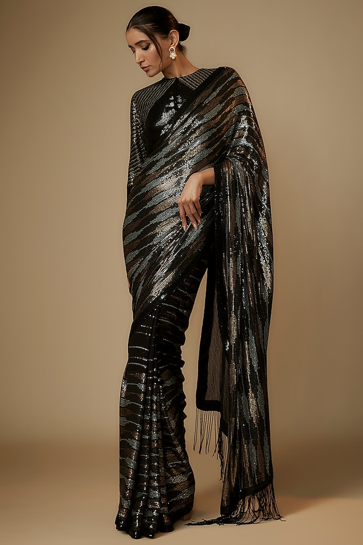 Black Chiffon Sequins Embroidered Saree Set By Nakul Sen At Pernias