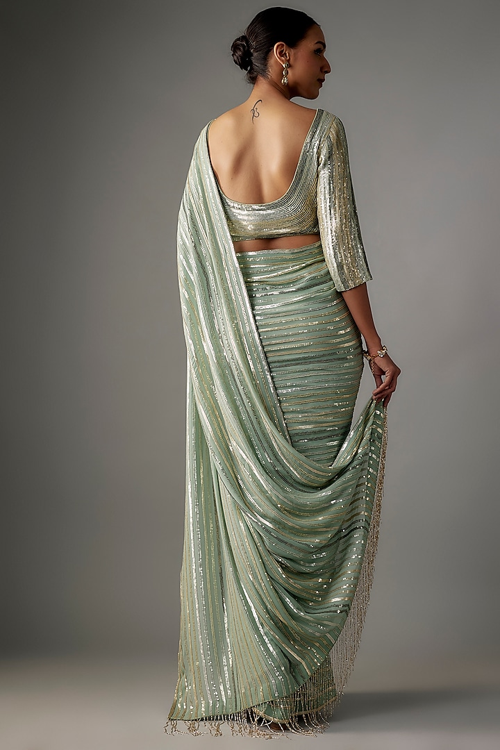 Porcelain Blue Chiffon Sequins Embroidered Saree Set By Nakul Sen At