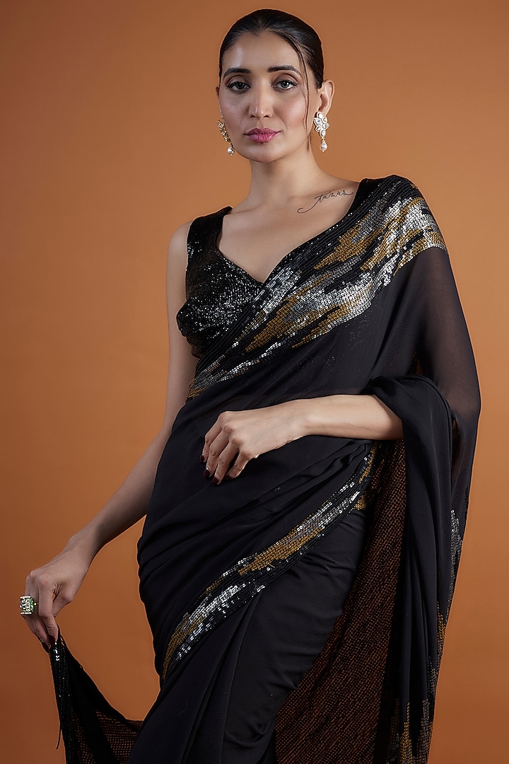 Black Chiffon Sequins Embroidered Saree Set By Nakul Sen At Pernias