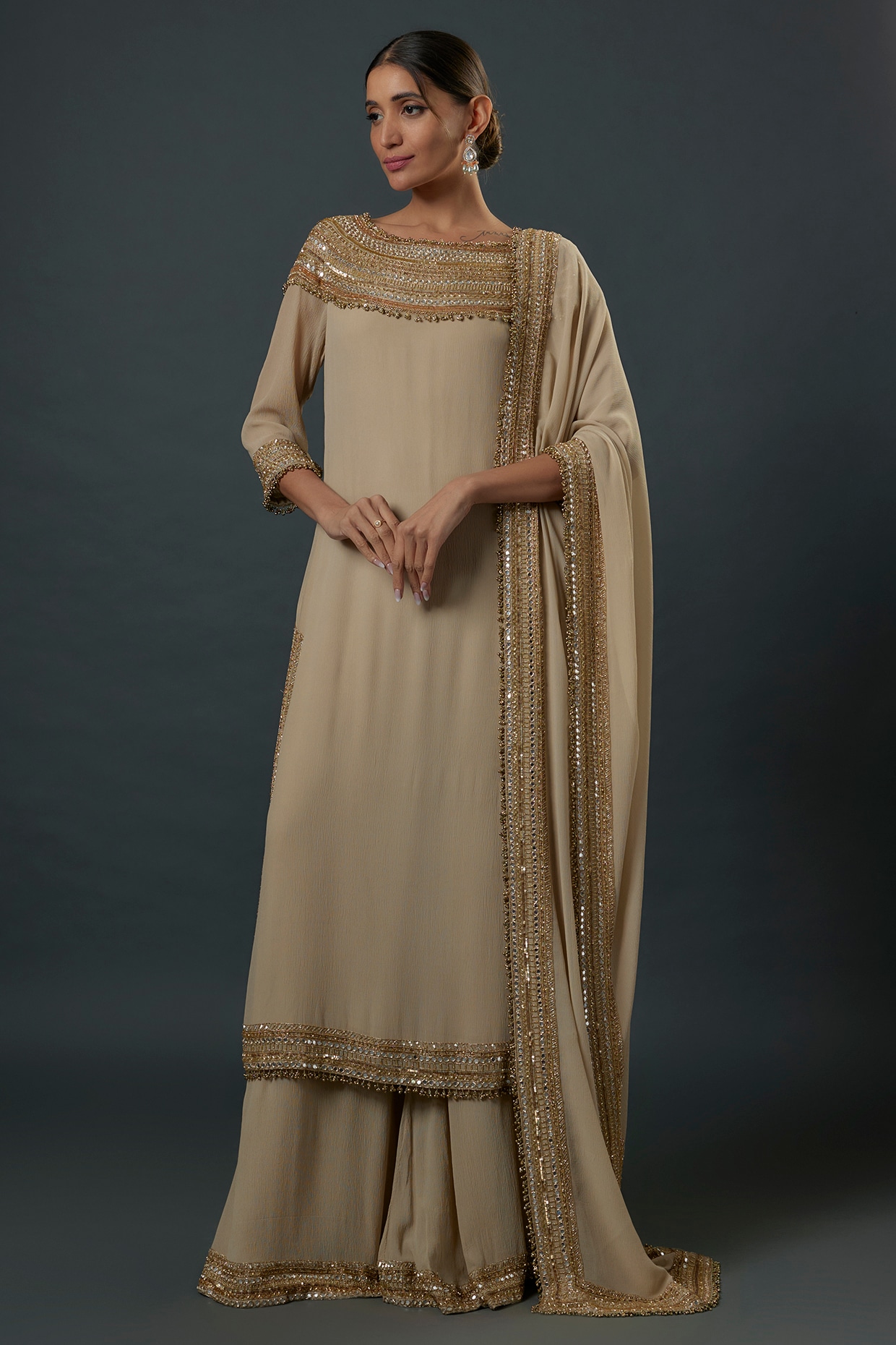 Mushroom-Colored Chiffon Sequins Embroidered Kurta Set by Nakul Sen at ...