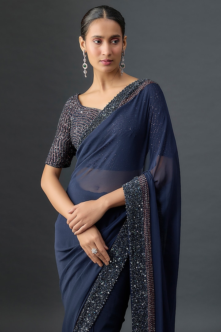Navy Silk Chiffon Sequins Embroidered Reception Saree Set by Nakul Sen ...