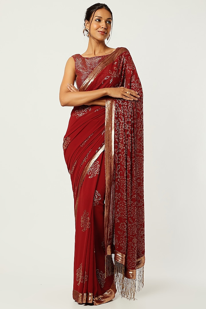 Red Embroidered Saree Set Design By Nakul Sen At Pernias Pop Up Shop 2024